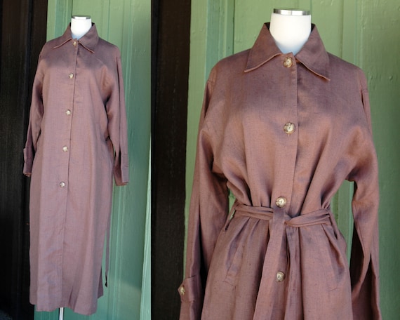 1990s Linen Long Coat // 90s Mocha Oversized Linen Co… - Gem
