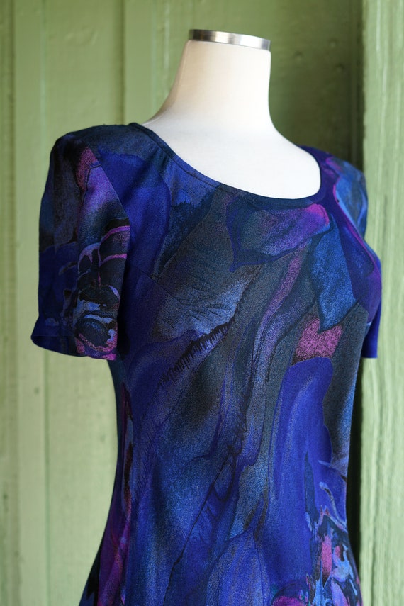 1990s Blue Purple Black Artsy Floral Bias Cut Maxi Dr… - Gem