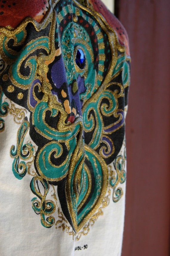 1990s Puff Paint Gold Bejeweled White T Shirt // 90s … - Gem