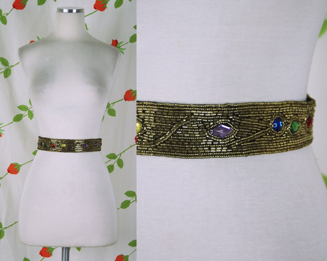 1990s Gold Beaded Gemstone Rhinestone Black Satin Fabric Belt by ...