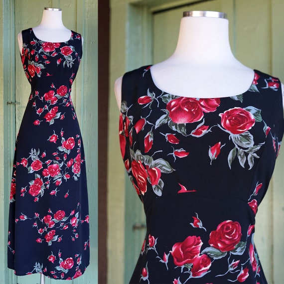 1990s Black Red Rose Maxi Dress // 90s Sleeveless Sco… - Gem