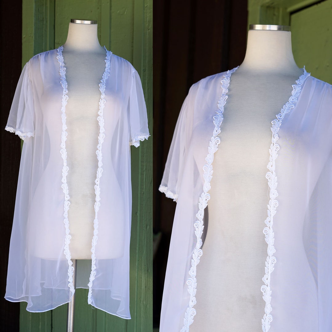 1980s Sheer White Robe Cover up With Lace Applique Trim // 80s Sheer ...