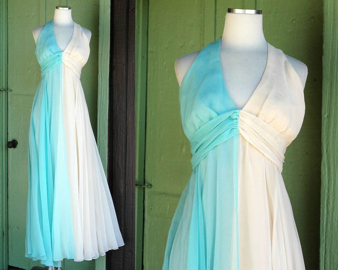 1970s Colorblock 2 Tone Turquoise and Champagne Ivory Goddess Evening ...