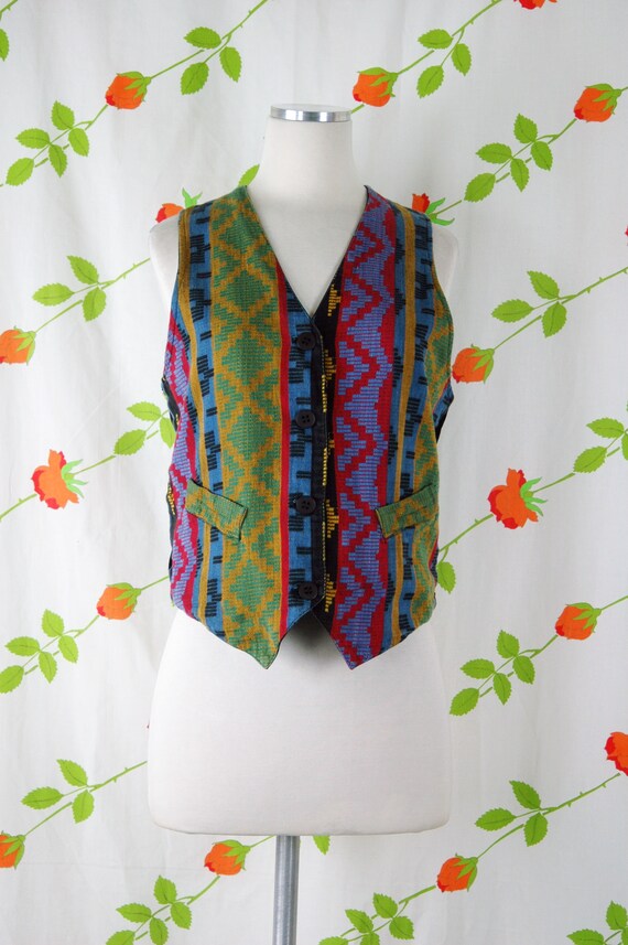 1990s Blue Red Green Yellow Funky Printed Cotton Vest… - Gem
