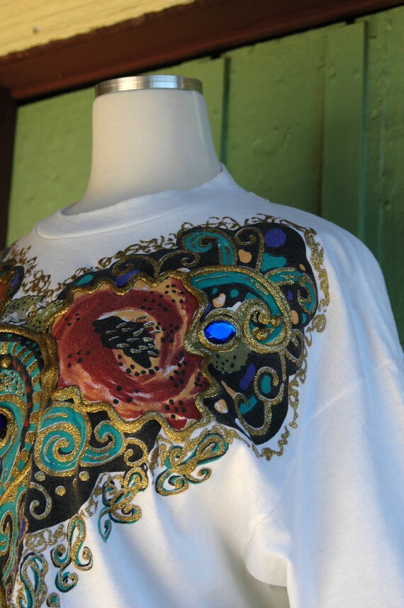 1990s Puff Paint Gold Bejeweled White T Shirt // 90s … - Gem