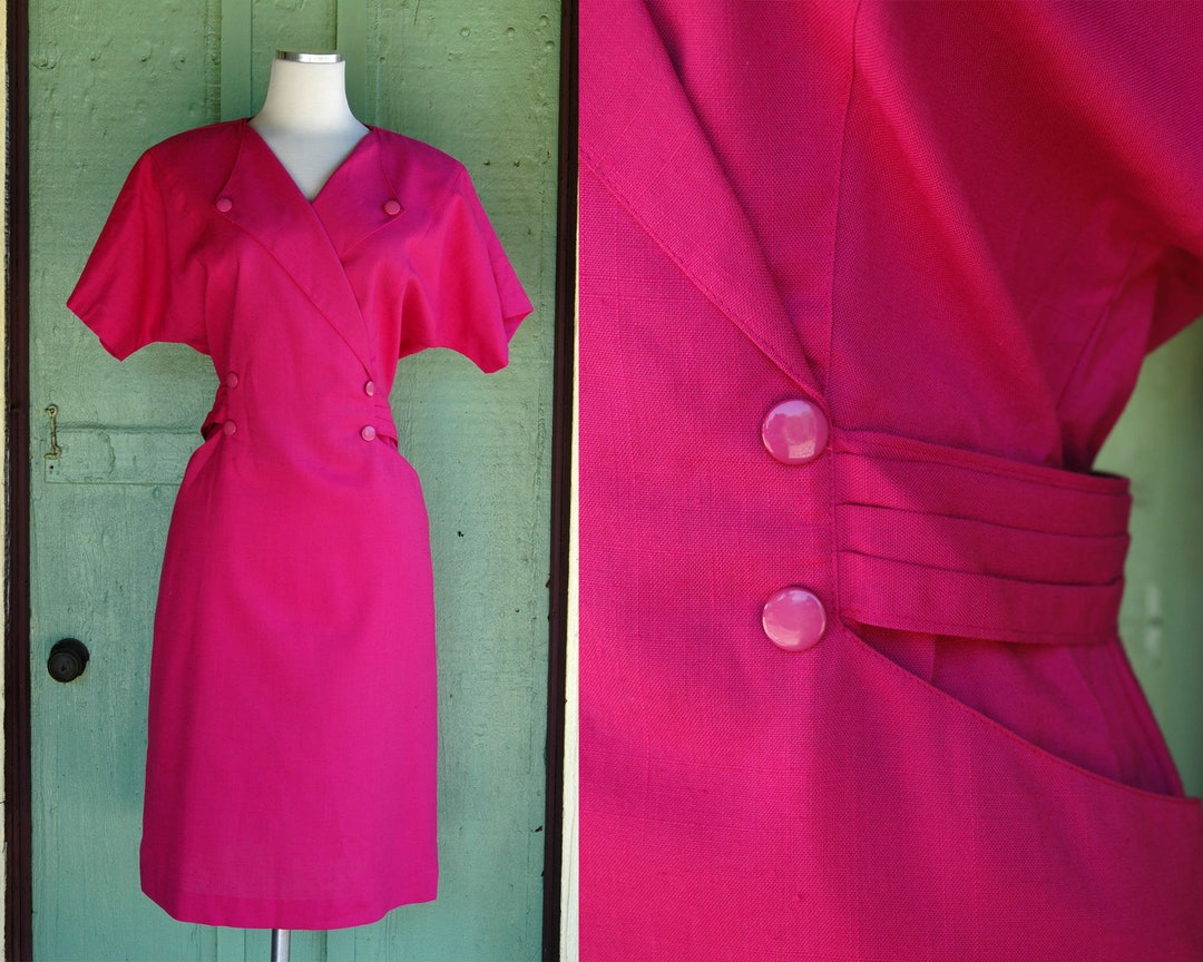 1980s Pink Boss Lady Dress // 80s Does 40s Style Stunning Belted Midi ...