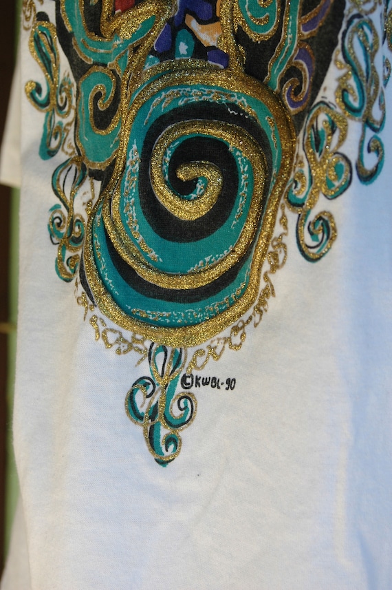 1990s Puff Paint Gold Bejeweled White T Shirt // 90s … - Gem
