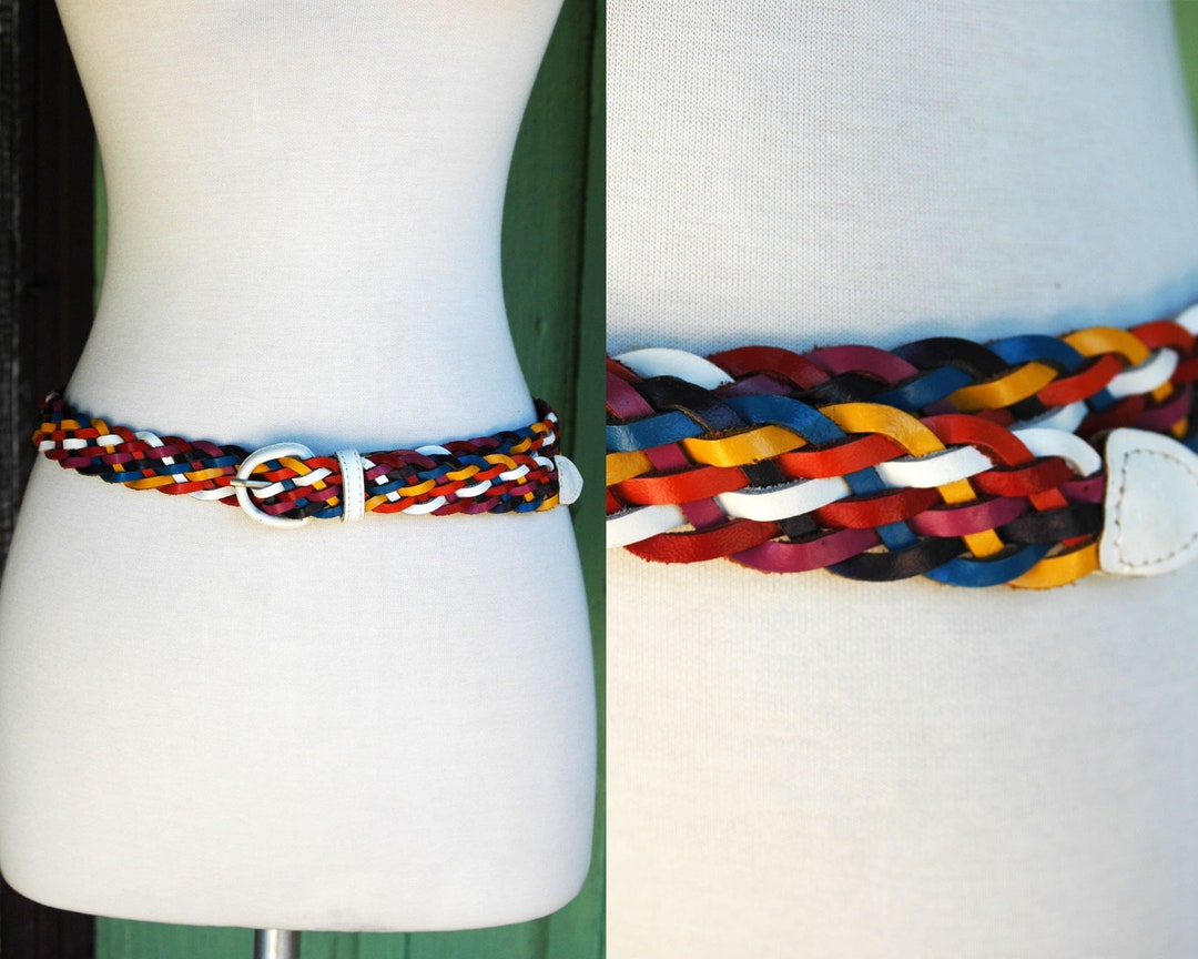 1980s Rainbow Woven Leather Belt // 80s Gem Jewel Tone Purple Red ...