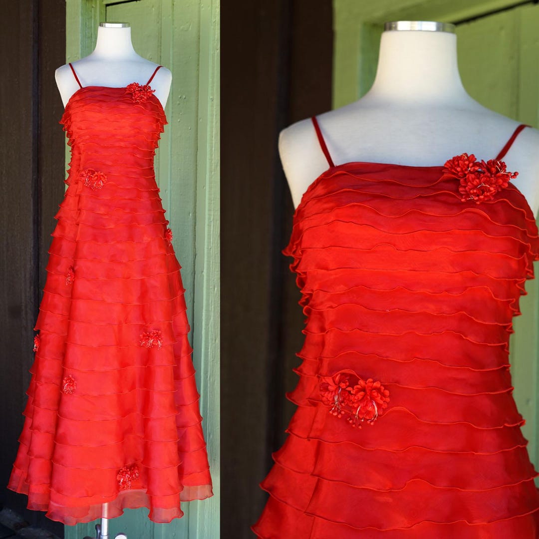 1980s Red Tiered Ruffled Maxi Gown With 3D Floral Clusters // 80s Long ...