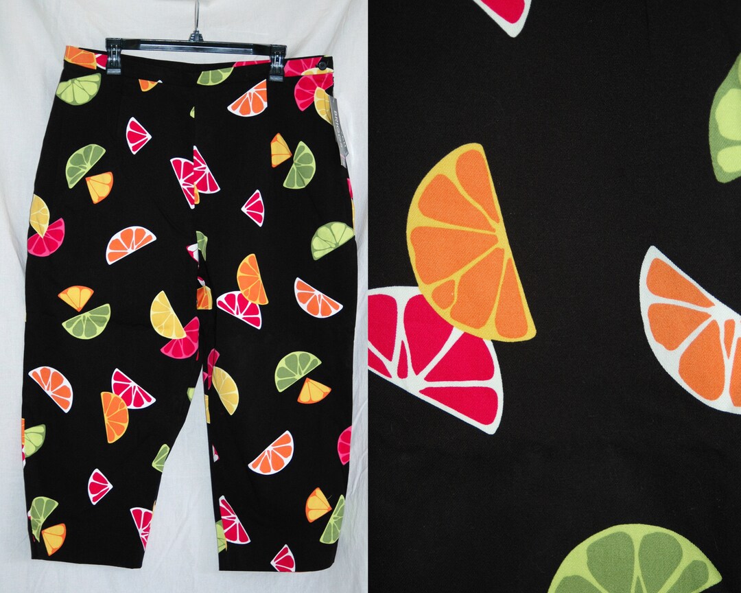 1990s 2000s NOS Black Pink Yellow Orange Green Citrus Fruit Capri Pants ...