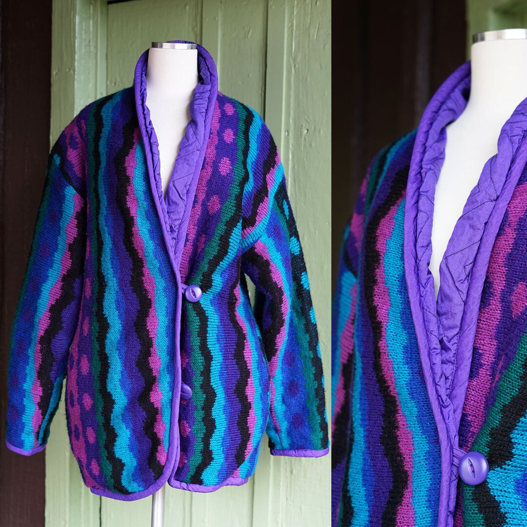 1980s Reversible Knit Sweater Jacket by Jennifer Chase // 80s Purple ...