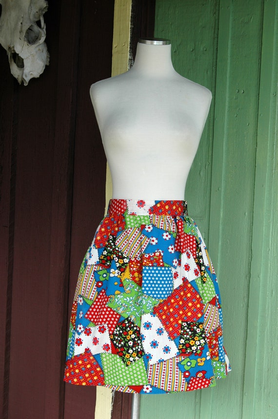 1960s 1970s Faux Patchwork Print Short Skirt // 60s 7… - Gem