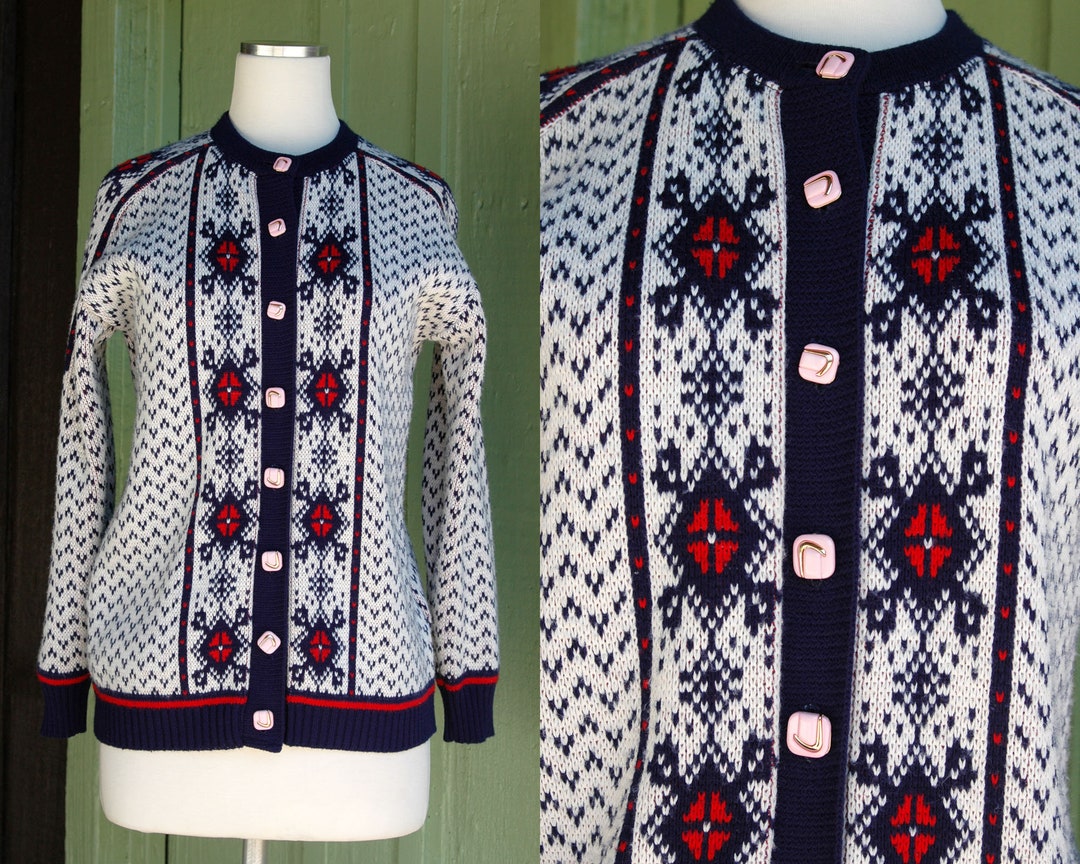 1970s Navy Blue White Red Nordic Look Cardigan Sweater // 70s Jersild ...