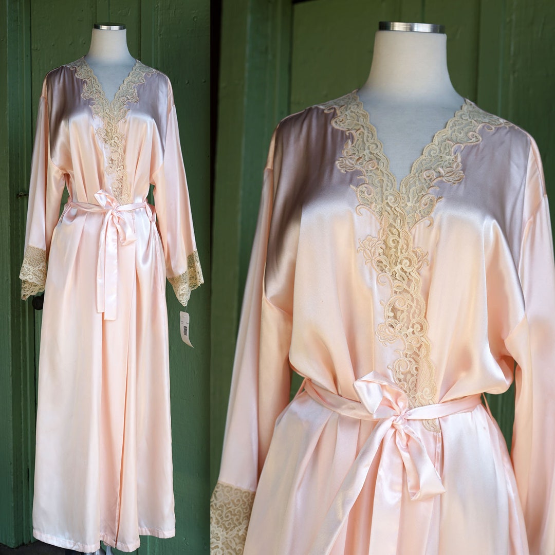 1990s Peach Satin Lace Trim Robe by Jones New York // 90s Pinky Peach ...