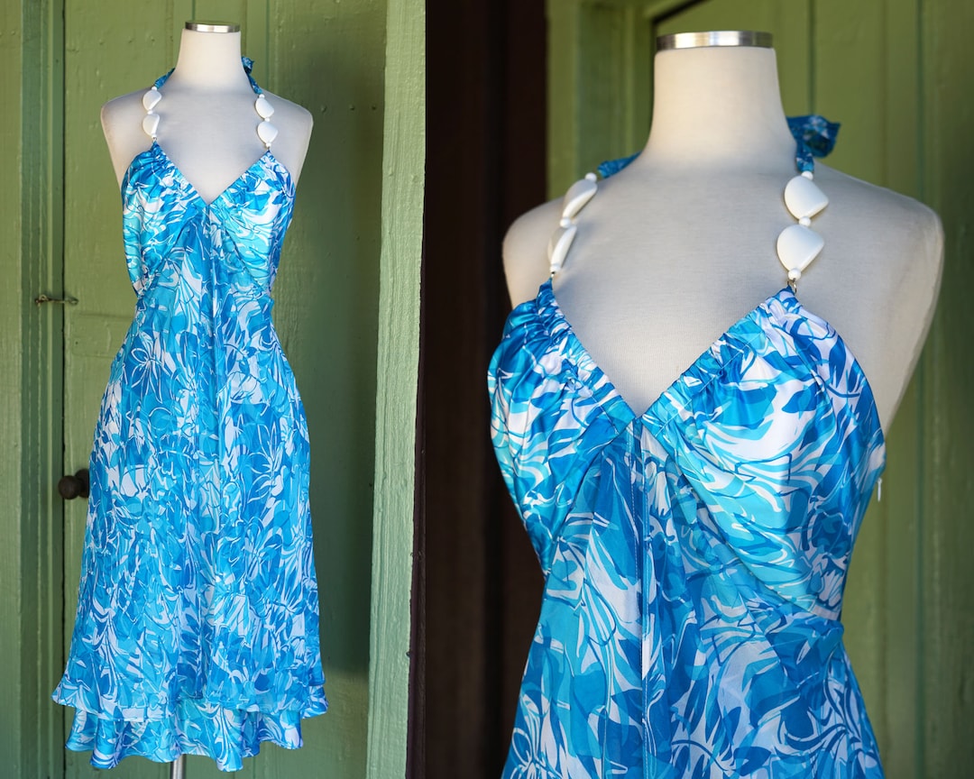 1990s 2000s Blue White Silk Bias Cut Halter Neckline Midi Dress by ...