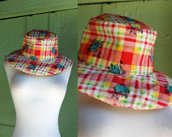 1960s Red Yellow Green Plaid Bucket Hat with Teal Ros… - Gem