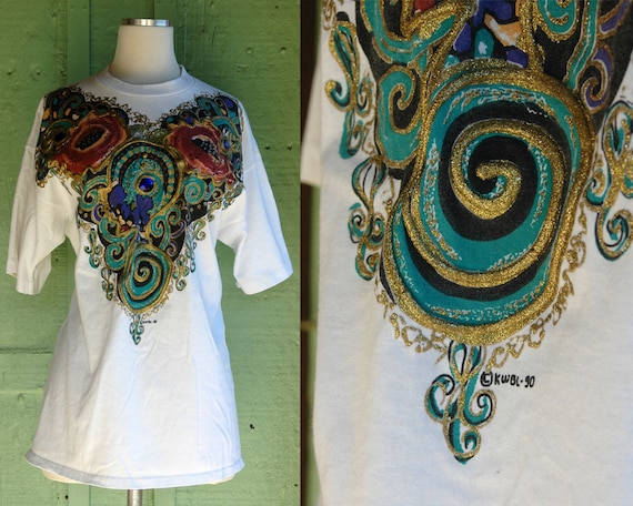 1990s Puff Paint Gold Bejeweled White T Shirt // 90s … - Gem