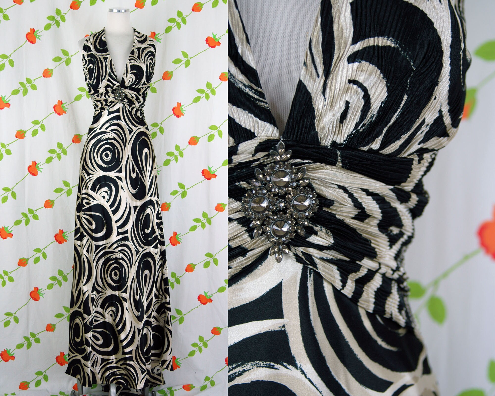 2000s Champagne Tan Black Swirl Halter Neck Evening Gown With Open Back ...