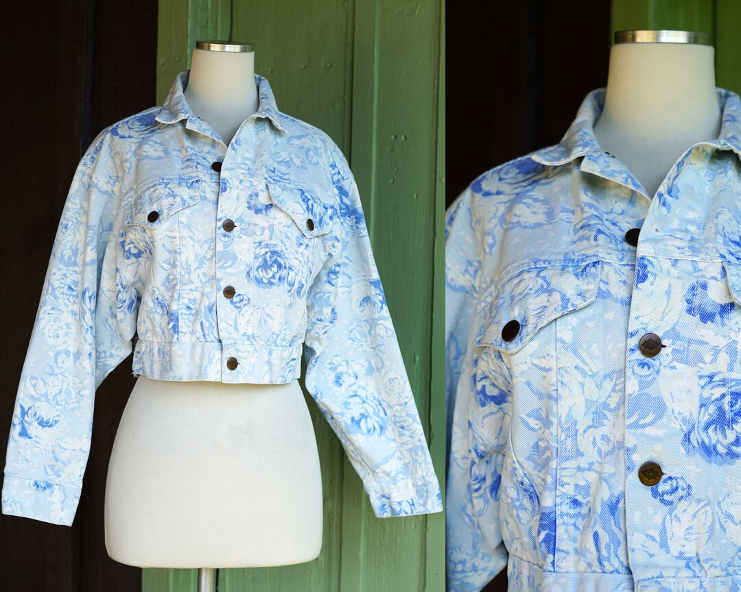 1990s Light Blue White Rose Print Cropped Denim Jacket by Bongo // 90s ...