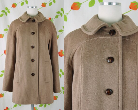 1970s Tan Coat with Brown Buttons // 70s Hip Length W… - Gem