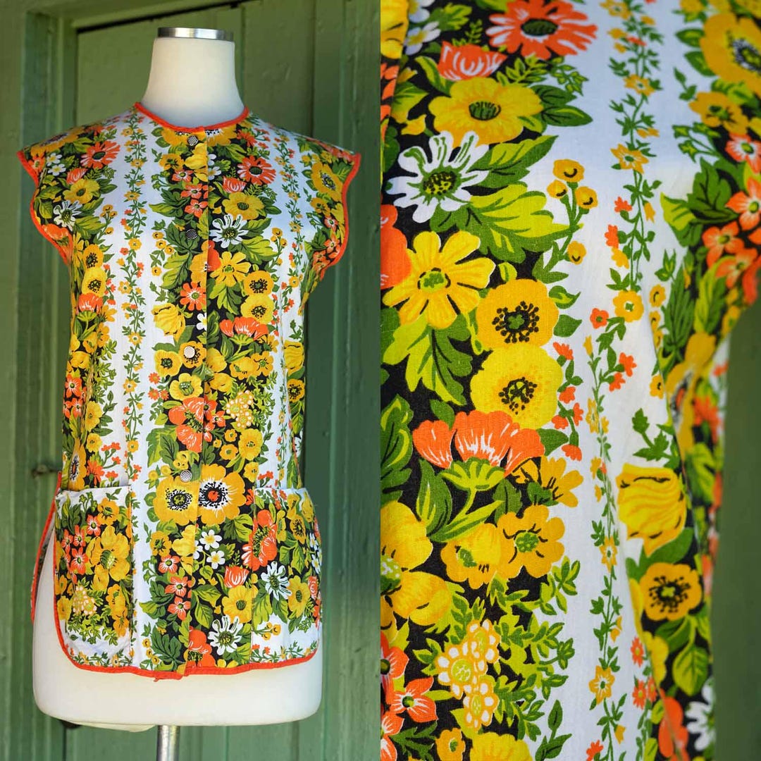 1960s Yellow Orange Green Floral Smock Vest // 60s Work Vest With ...