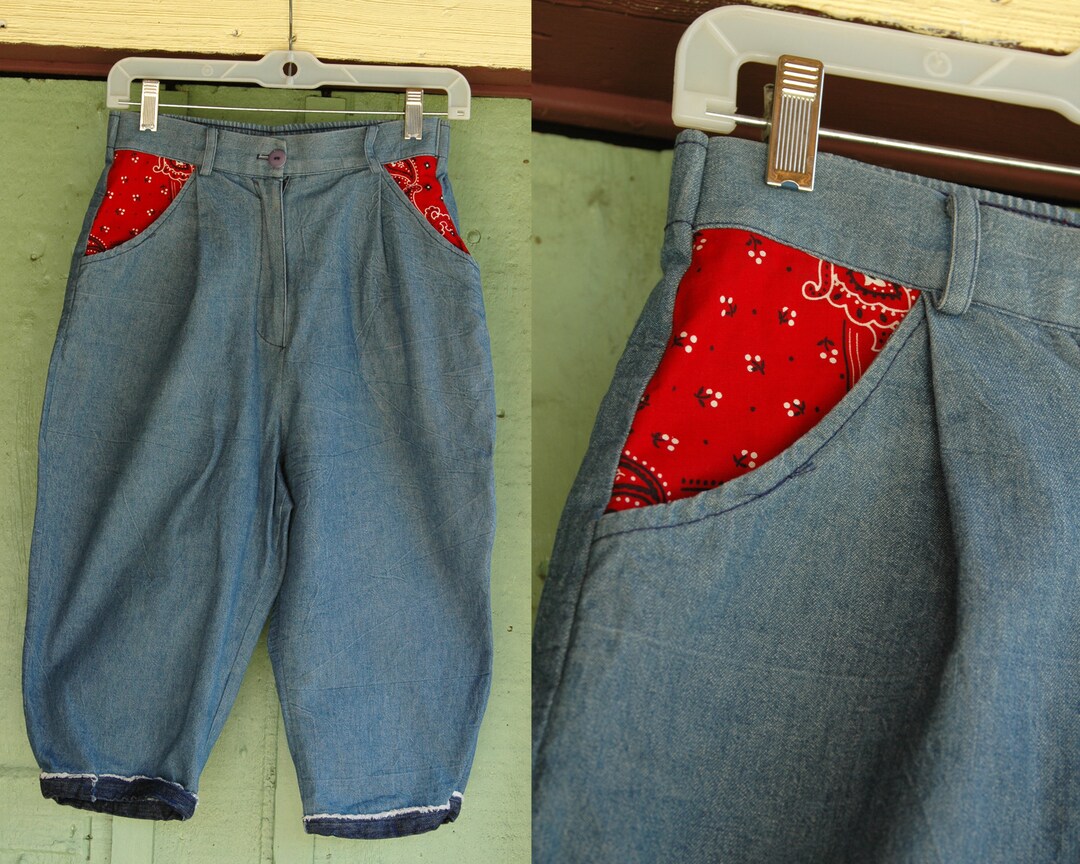 1980s Medium Wash Denim Pants With Red Bandana Pocket Detail // 80s ...