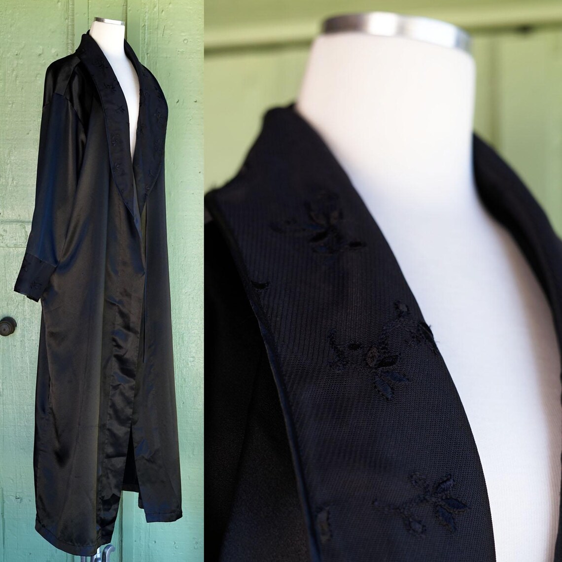 1990s Black Satin Oscar De La Renta Robe // 90s Long Black Robe With ...