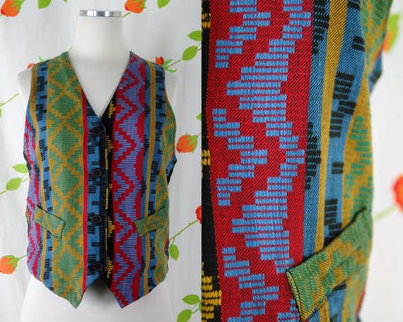 1990s Blue Red Green Yellow Funky Printed Cotton Vest… - Gem
