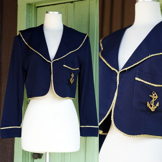 1990s Navy Blue Gold Trimmed Sailor Collar Cropped Ja… - Gem