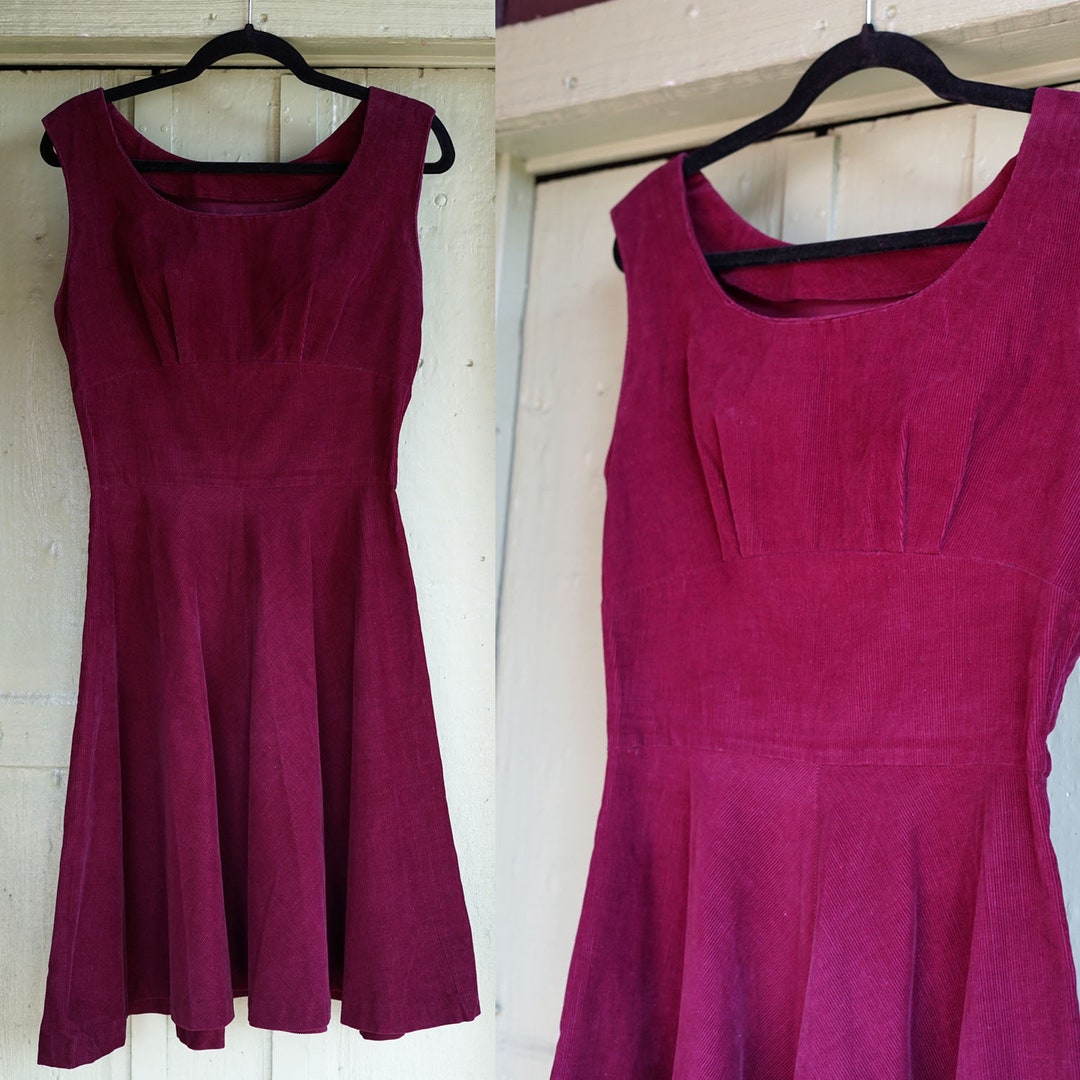 1960s Deep Red Maroon Corduroy Fit and Flare Jumper // 60s Sleeveless ...
