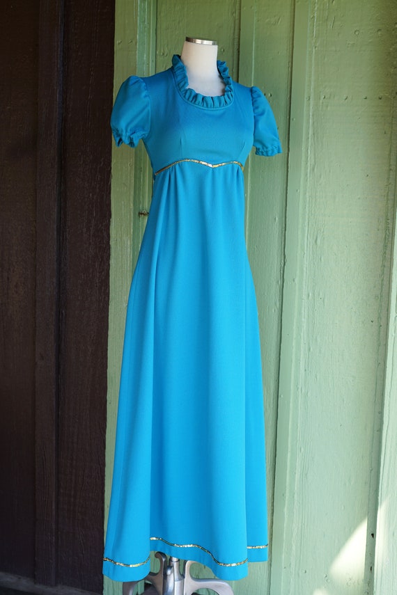 1960s 1970s Turquoise Princess Maxi Dress with Ruffle… - Gem