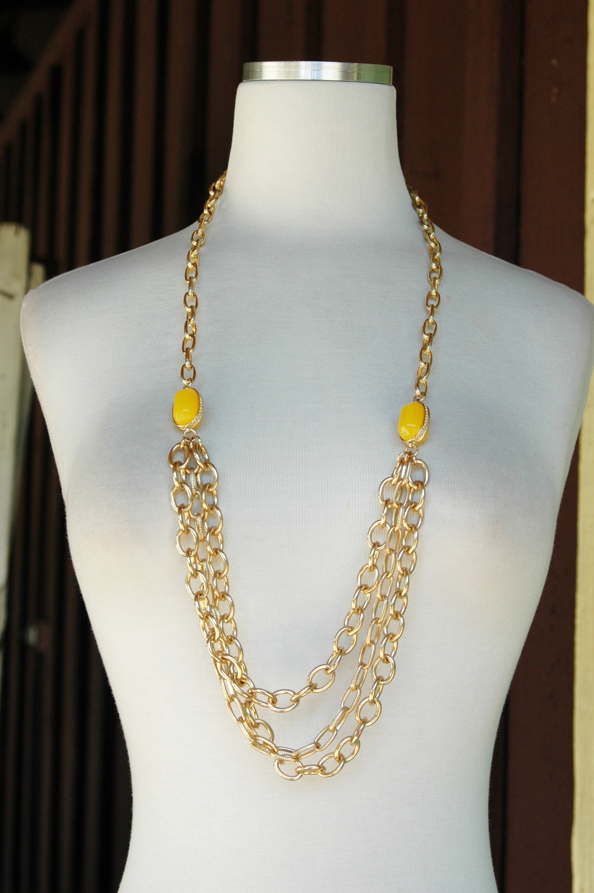 1990s Gold Tone Multi Chain Long Necklace // 90s Gold Yellow | Etsy