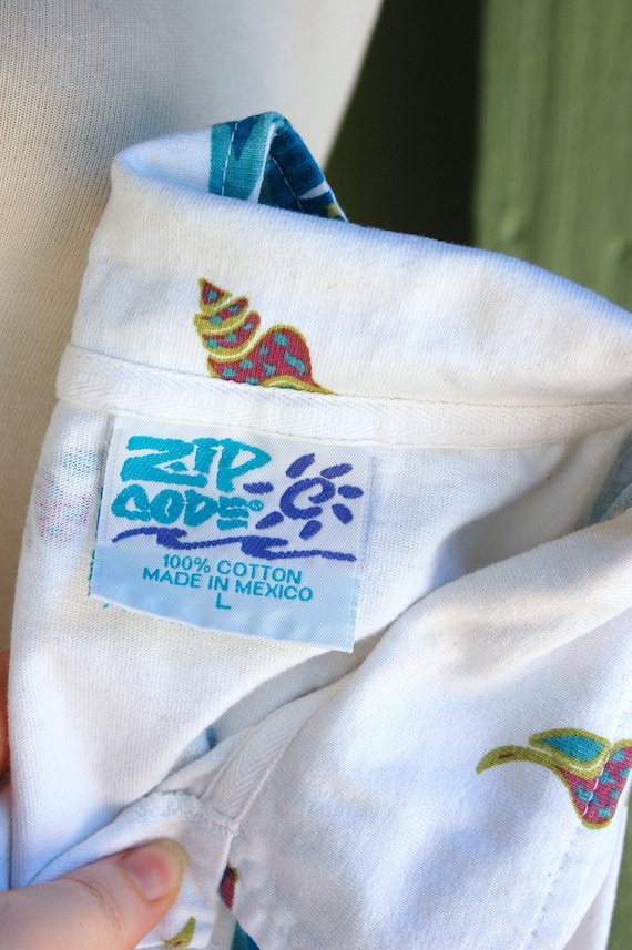 1990s White Cotton Tank Dress with Blue Fish Print //… - Gem