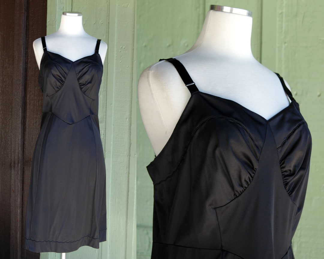 1950s 1960s Black Nylon Full Slip Dress With Stitched Scalloped Detail ...