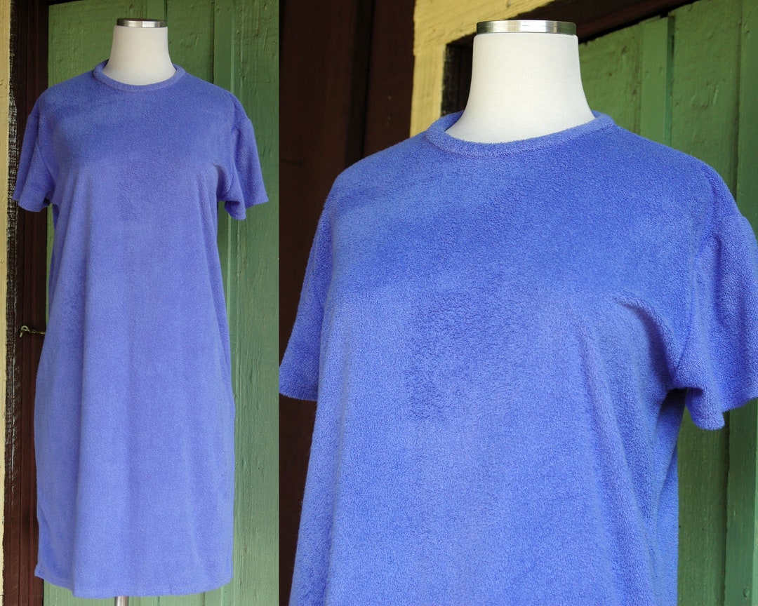 1970s Purple Periwinkle Terry Cloth Lounge Dress // 70s Short Sleeve ...