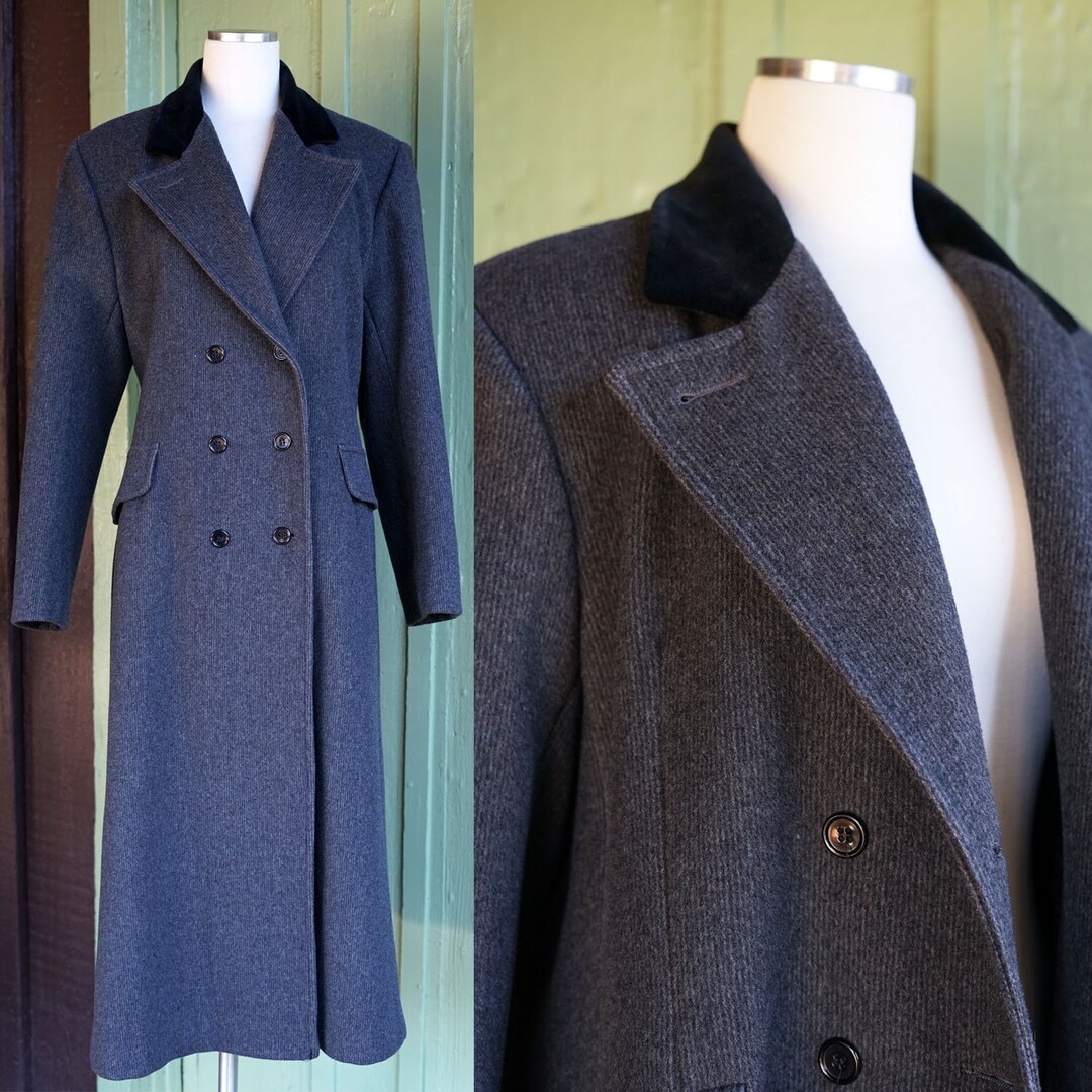 1980s 1990s Grey Wool Cashmere Coat With Black Velvet Collar // 80s 90s ...
