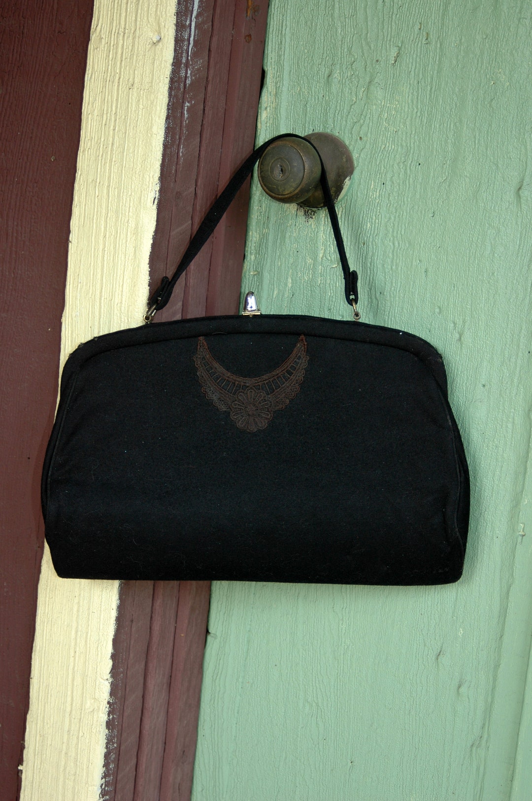 HOLIDAY 1950s Black Wool Purse With Top Handle // 50s Handbag With ...