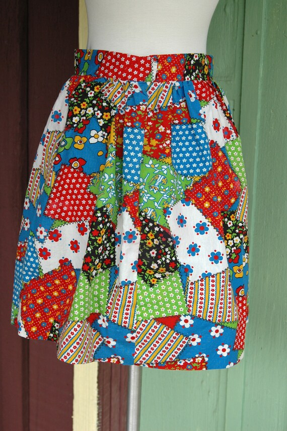 1960s 1970s Faux Patchwork Print Short Skirt // 60s 7… - Gem