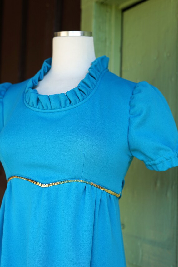 1960s 1970s Turquoise Princess Maxi Dress with Ruffle… - Gem