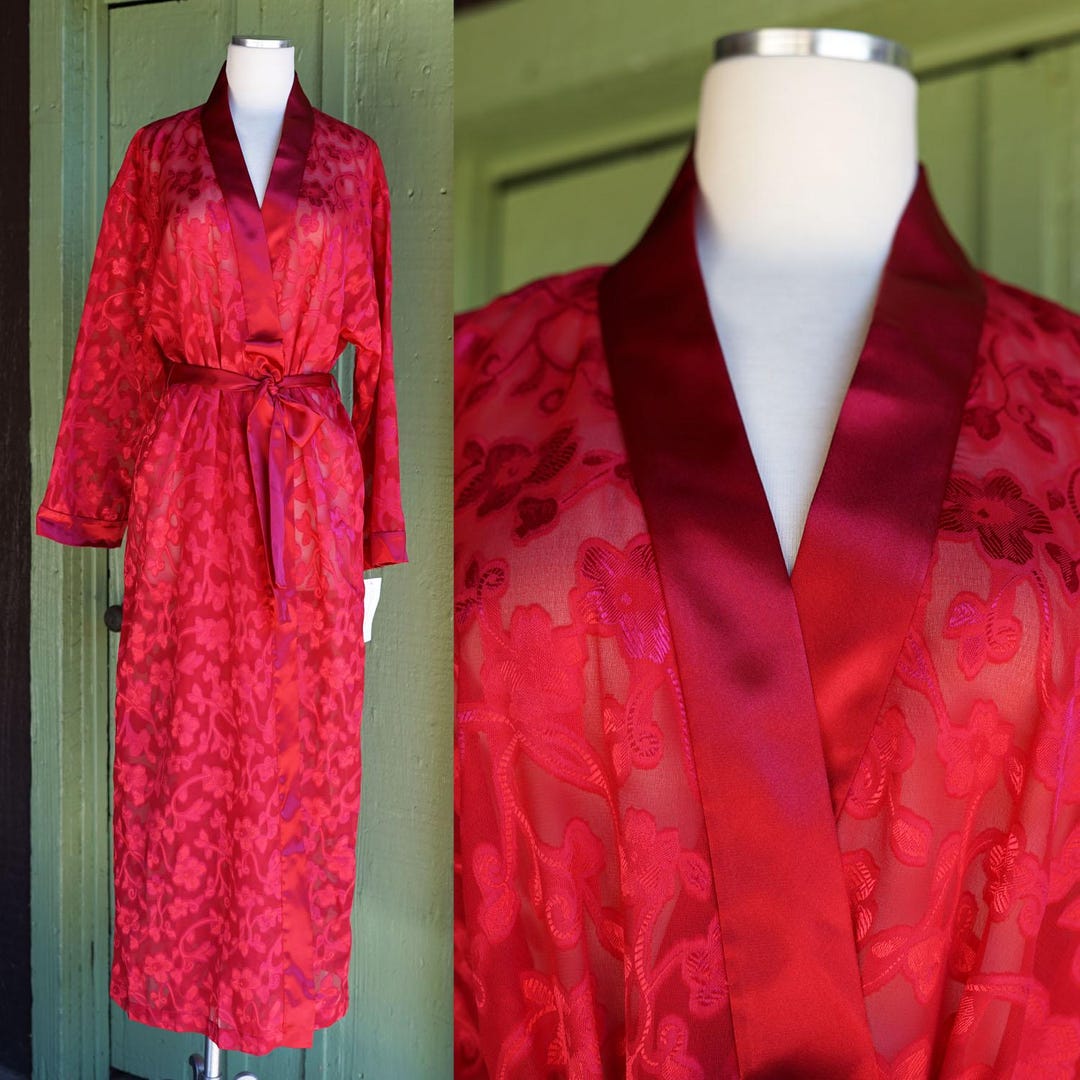 NOS 1990s 2000s Sheer Red Floral Oscar De La Renta Robe // 90s Y2K New ...