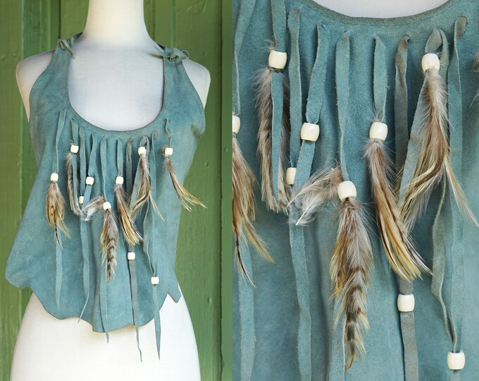 1970s Dusty Light Blue Suede Halter Neck Cropped Feather Beaded Fringe ...