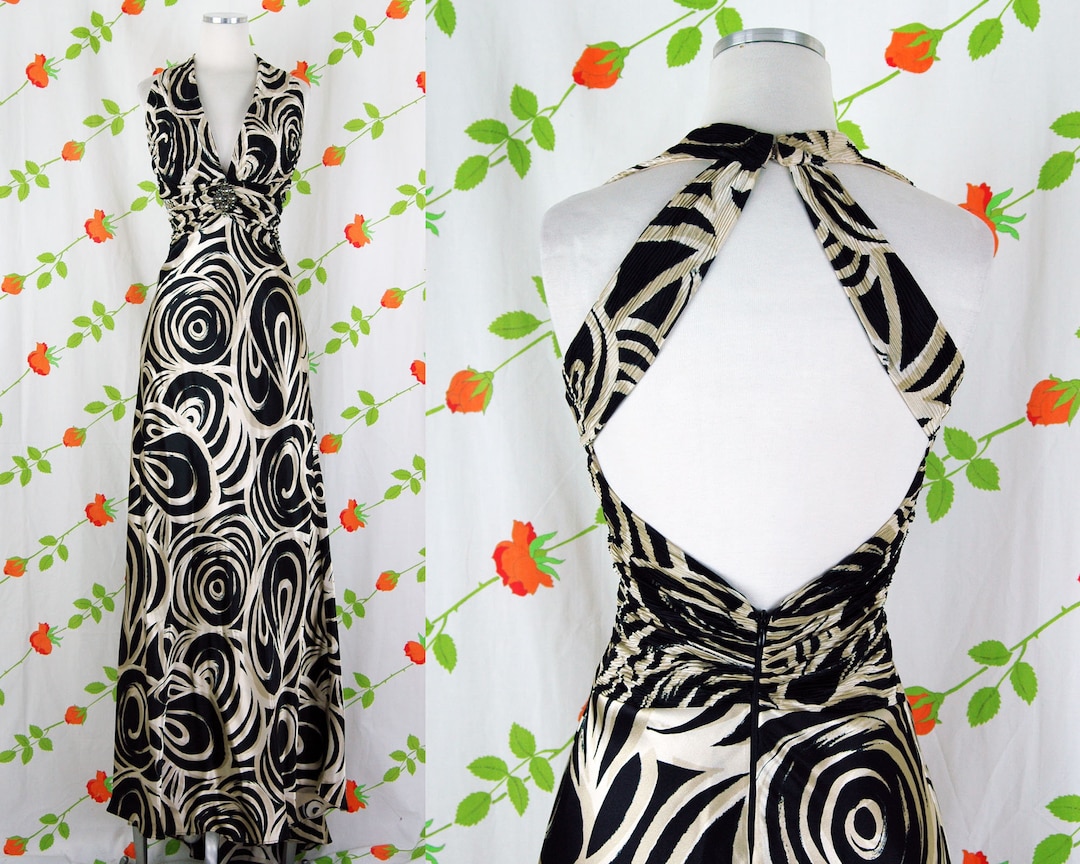 2000s Champagne Tan Black Swirl Halter Neck Evening Gown With Open Back ...