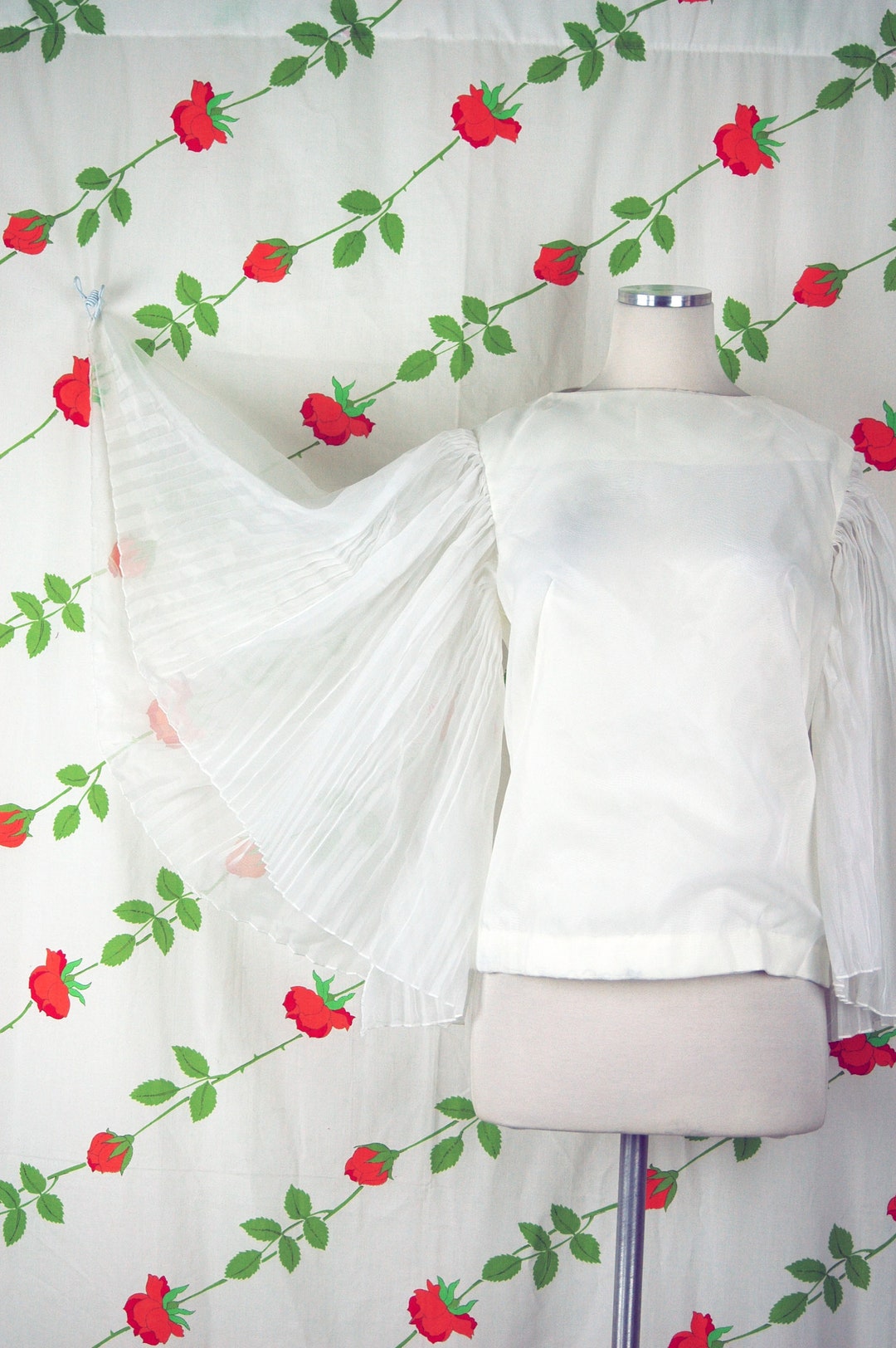 1960s White Pleated Sheer Dramatic Sleeve Blouse // 60s Button Back ...