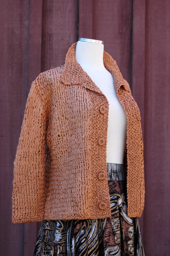 1950s 1960s Light Golden Brown Ribbon Jacket // 50s 6… - Gem