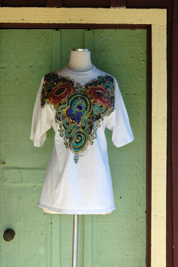 1990s Puff Paint Gold Bejeweled White T Shirt // 90s … - Gem