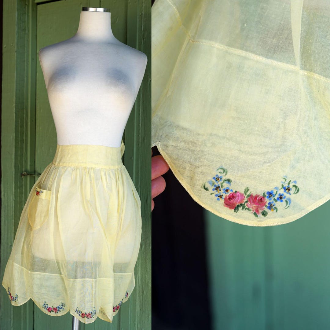 1940s 1950s Sheer Organdy Yellow Apron With Hand Painted Flowers 40s ...