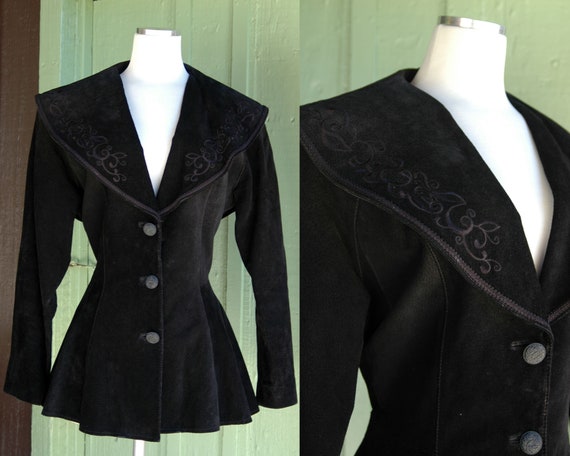 1980s 1990s Black Suede Hourglass Embroidered Jacket // 80s 1980s 1990s Black Suede Hourglass Embroidered Jacket // 80s