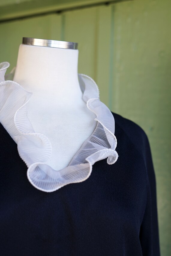 1970s Black Long Sleeve Shift Dress with Sheer Pleate… - Gem