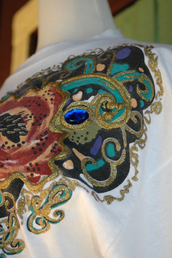 1990s Puff Paint Gold Bejeweled White T Shirt // 90s … - Gem