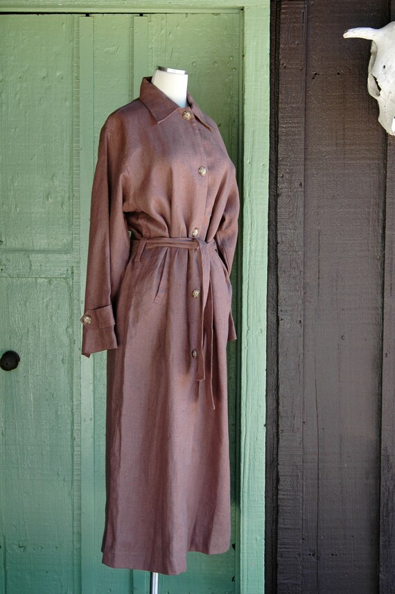 1990s Linen Long Coat // 90s Mocha Oversized Linen Co… - Gem